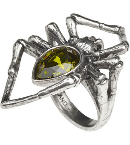 Emerald Venom | Pewter Spider Ring with Green Swarovski Crystal
