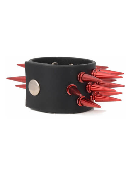 Leather Wristband with 3 Rows of Red Spikes