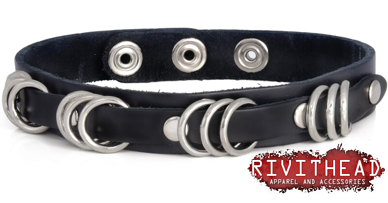 Leather Choker with Triple Ring Groupings - Adjustable Fit
