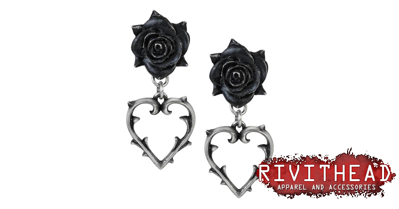 Wounded Love Earrings - Black Rose & Barbed Heart Pewter
