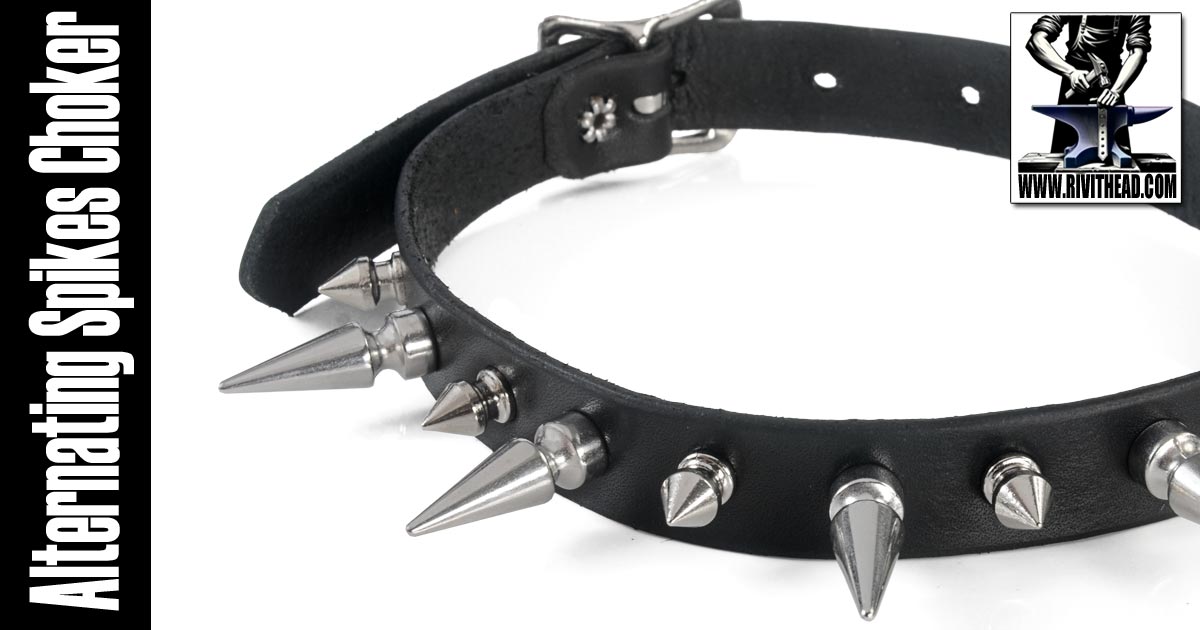 Black Leather Spike Choker with Long and Short Silver Spikes