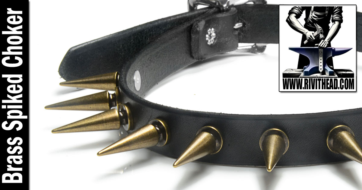 Leather Choker with 1 1/4 Inch Brass Spikes | Rivithead