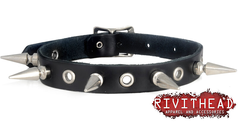 Black Leather Choker with Spikes, Eyelets, and Buckle Fastener