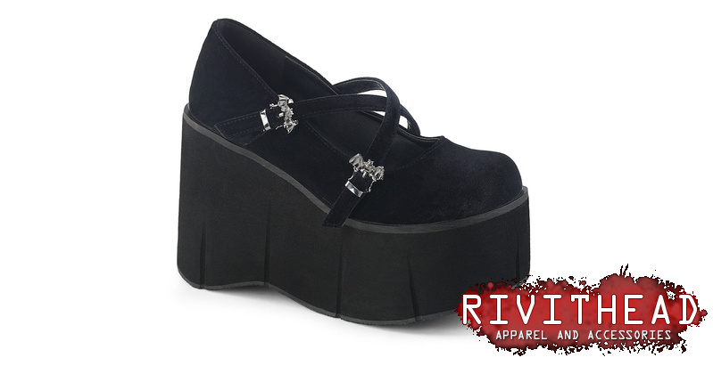 KERA-10 Black Velvet Platform Shoes with Bat Buckles