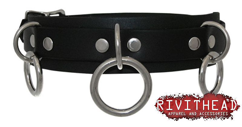 3 Ring Black Leather Choker with Chrome Hardware | Rivithead