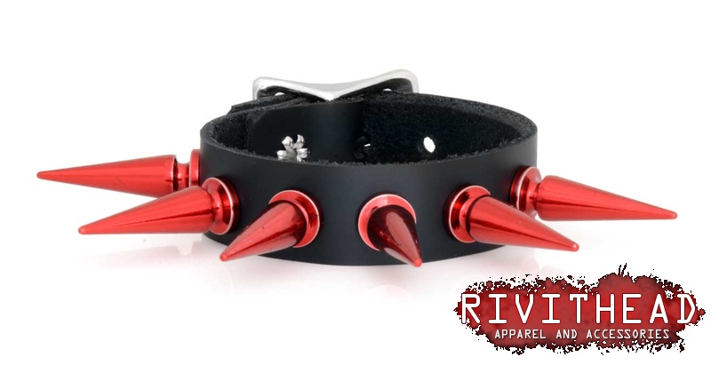 Leather Wristband with Large Red Metal Spikes