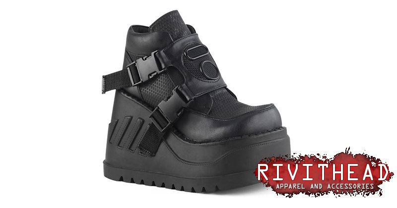 STOMP-15 Black Platform Shoes with Buckles & Mesh Detail