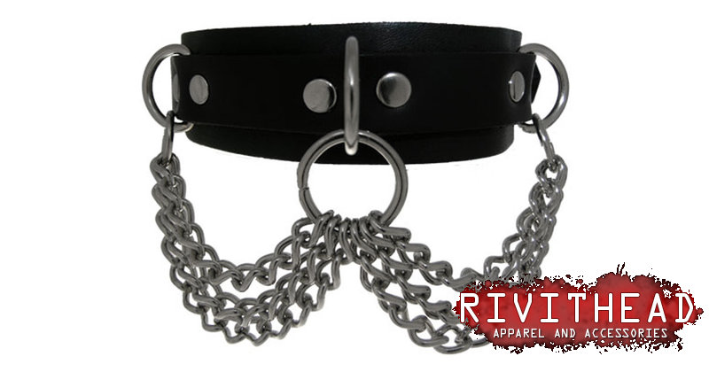 Triple Chain Black Leather Choker with Rings and Chains