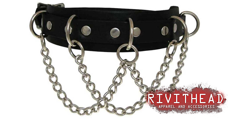 Black Leather Choker with Overlapping Chains - Made in USA