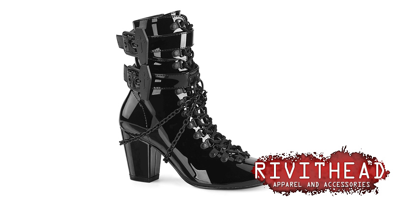 VIVIKA-128 Black Patent Heels with Coffin Buckles & Chains